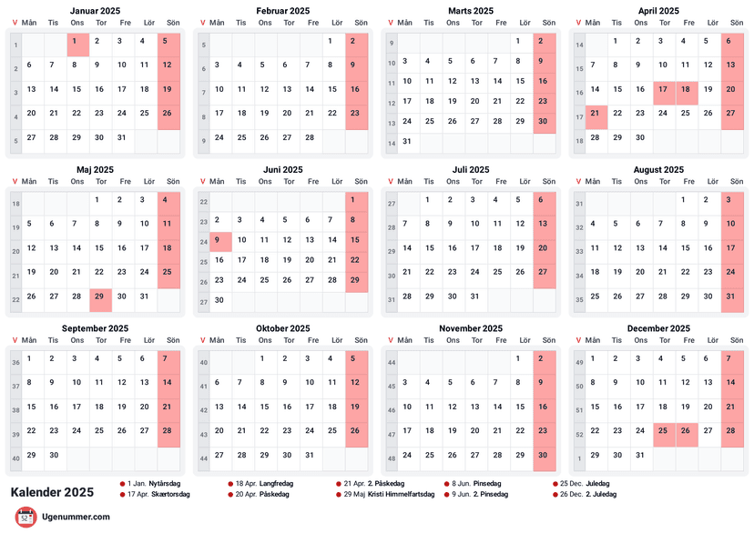 Ugekalender 2025 - Dansk ugekalender med ugenummer | Ugenummer.com