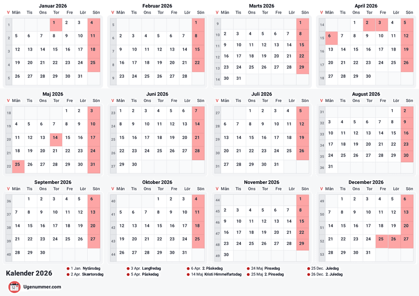 Ugekalender 2026 - Dansk ugekalender med ugenummer | Ugenummer.com
